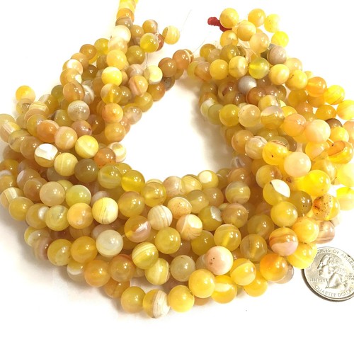 Natural Gold Yellow Stripe Agate Round Bead 15" Jewelry Making Gemstone ...