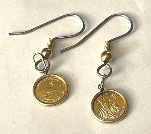 22K MINI KRUGERRAND & GAUDENS LIBERTY $20 EARRING FOBS in 14K FRAMES | eBay