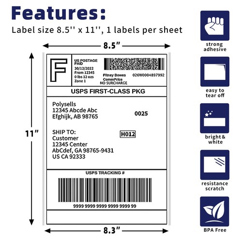 1-UP Full Sheet Shipping Labels Self Adhesive Blank 8.5" x 11" White ...