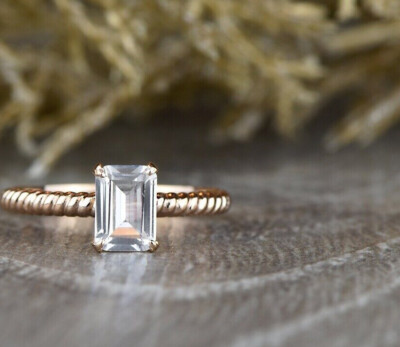 Twisted Band Solitaire Silver Moissanite Emerald Cut Wedding Ring For ...