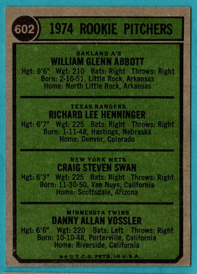 1974 Topps Rookie Pitchers - Glenn Abbott/Rick Henninger/Craig Swan/Dan ...