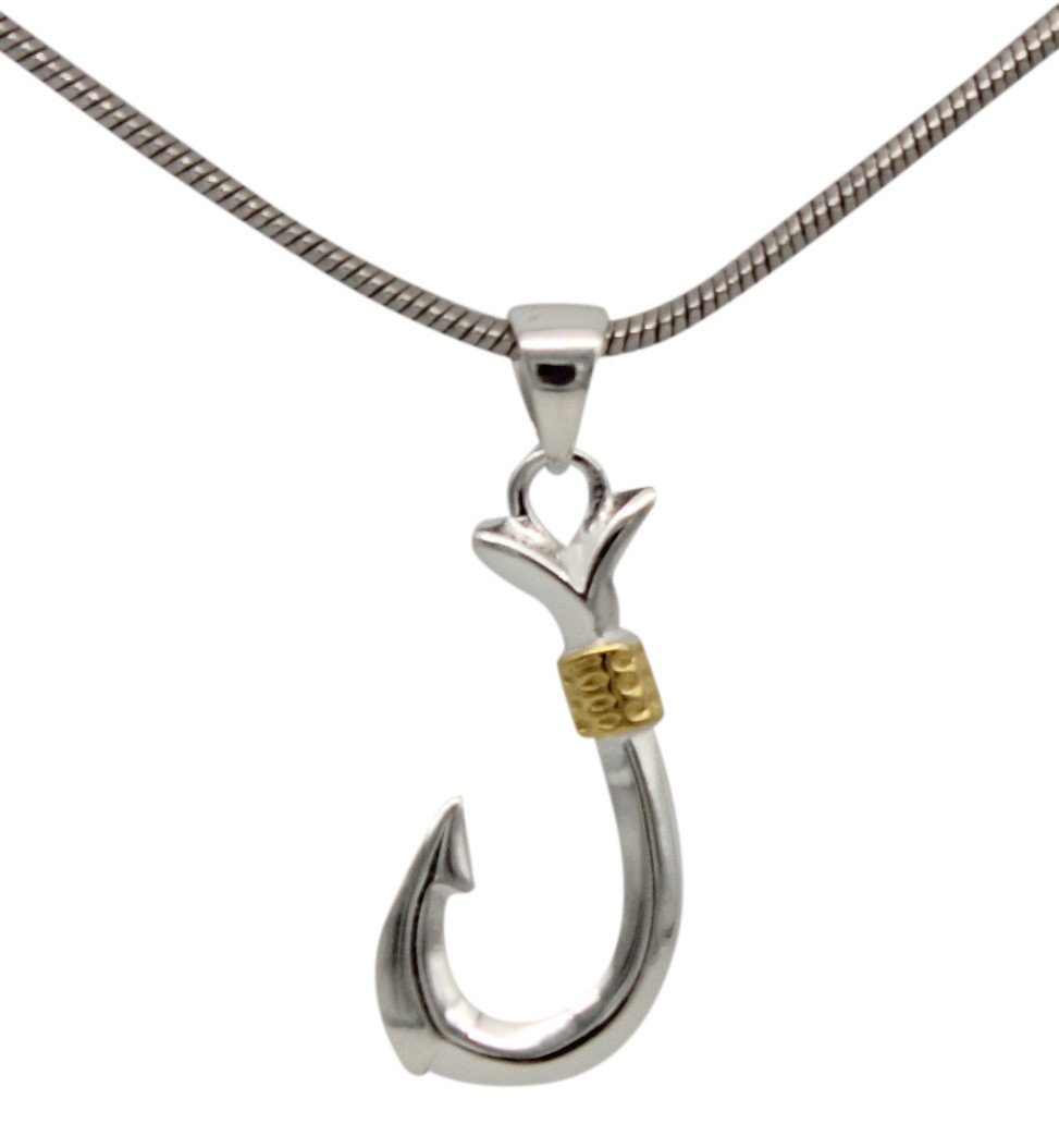 925 Sterling Silver Hawaiian Fish Hook Shape Pendant Solid Fish Rope ...