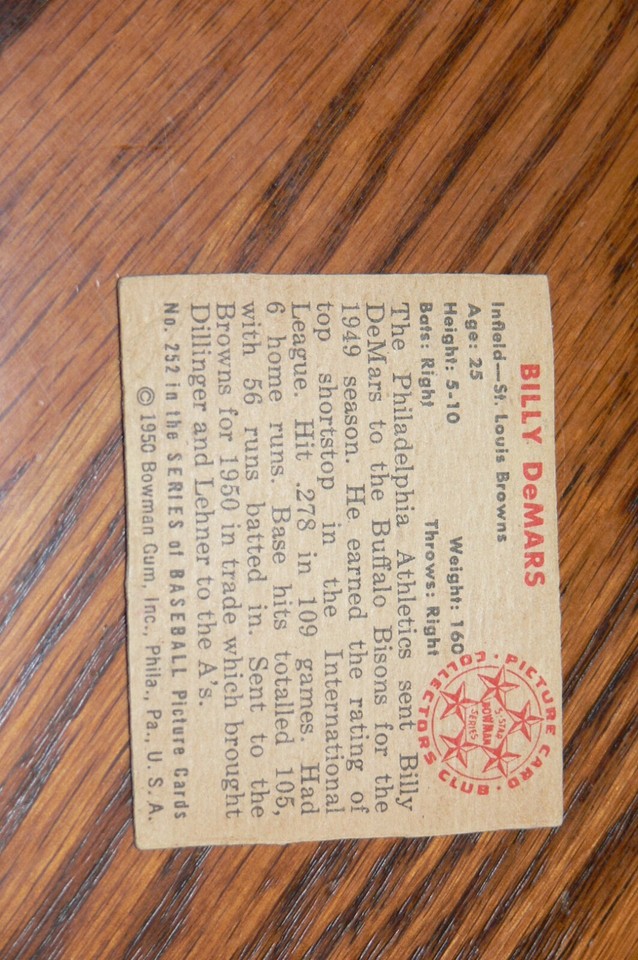 BILLY DeMARS SIGNED AUTOGRAPHED 1950 BOWMAN CARD # 252 ST LOUIS BROWNS ...