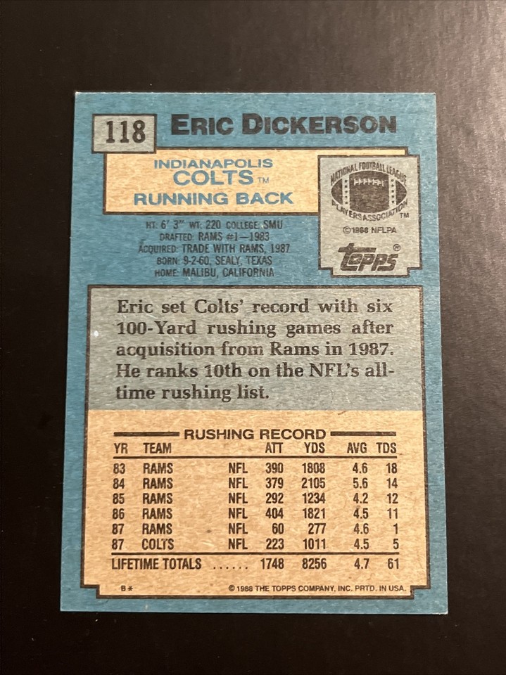1988 Topps ERIC DICKERSON Indianapolis COLTS Football ALL-PRO Card NFL ...