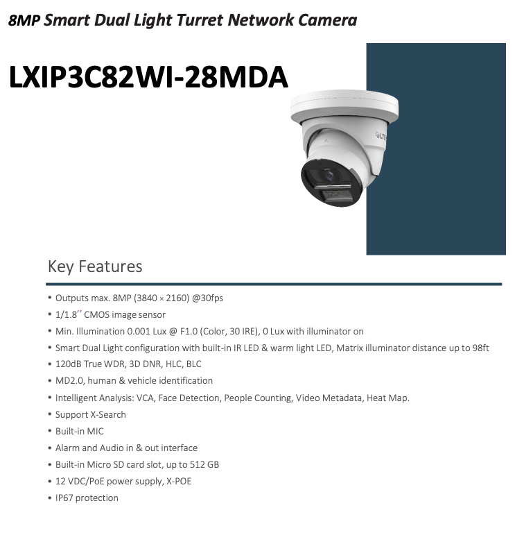 LXIP3C82WI-28MDA IP 8MP 2.8mm 98ft WDR Ai Smart Dual Light Mic NDAA ...