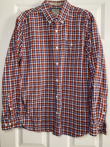 LL Bean Shirt Mens Large Red Blue Plaid Slightly Fitted Outdoor Pockets ...