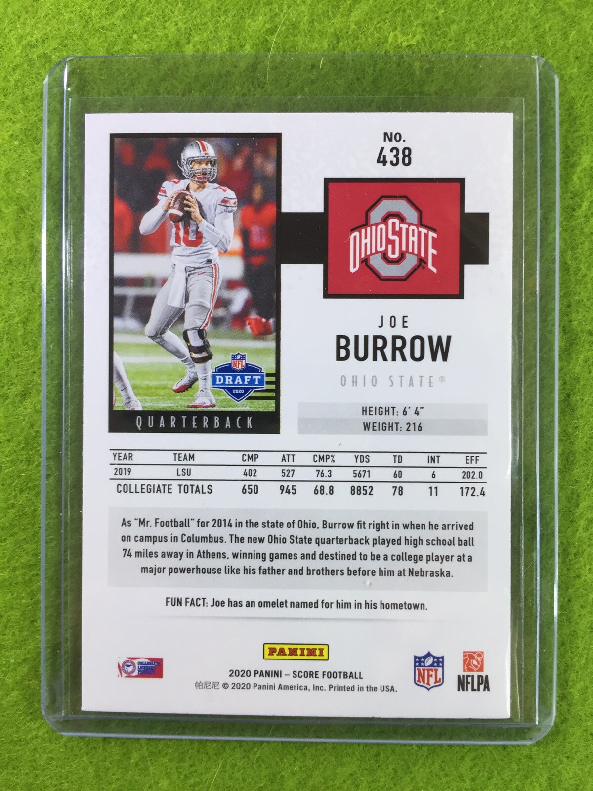 JOE BURROW ROOKIE CARD JERSEY #10 OHIO STATE RC LSU 2020 Panini Score ...