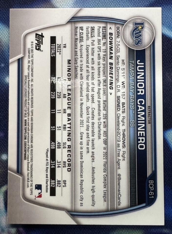 JUNIOR CAMINERO 2023 Bowman Chrome 1st Bowman Lunar Glow #BCP-61 Rays All-Star | eBay