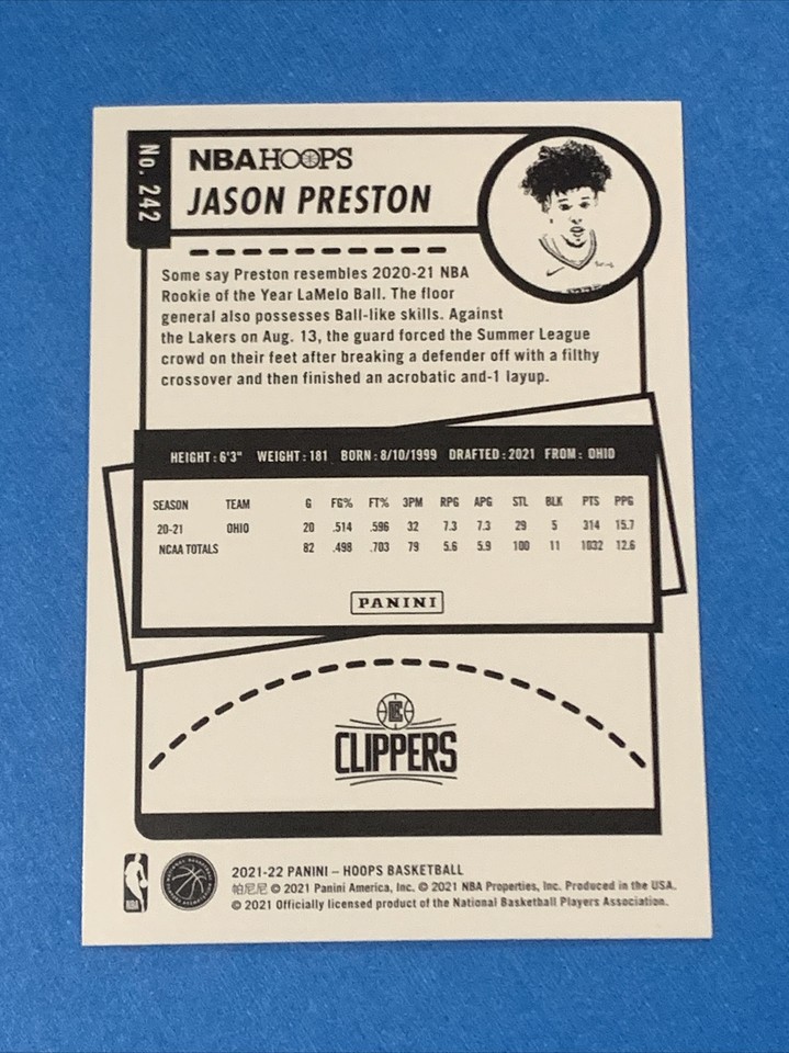 2021-22 Panini NBA Hoops Jason Preston Rookie #242 Los Angeles Clippers ...