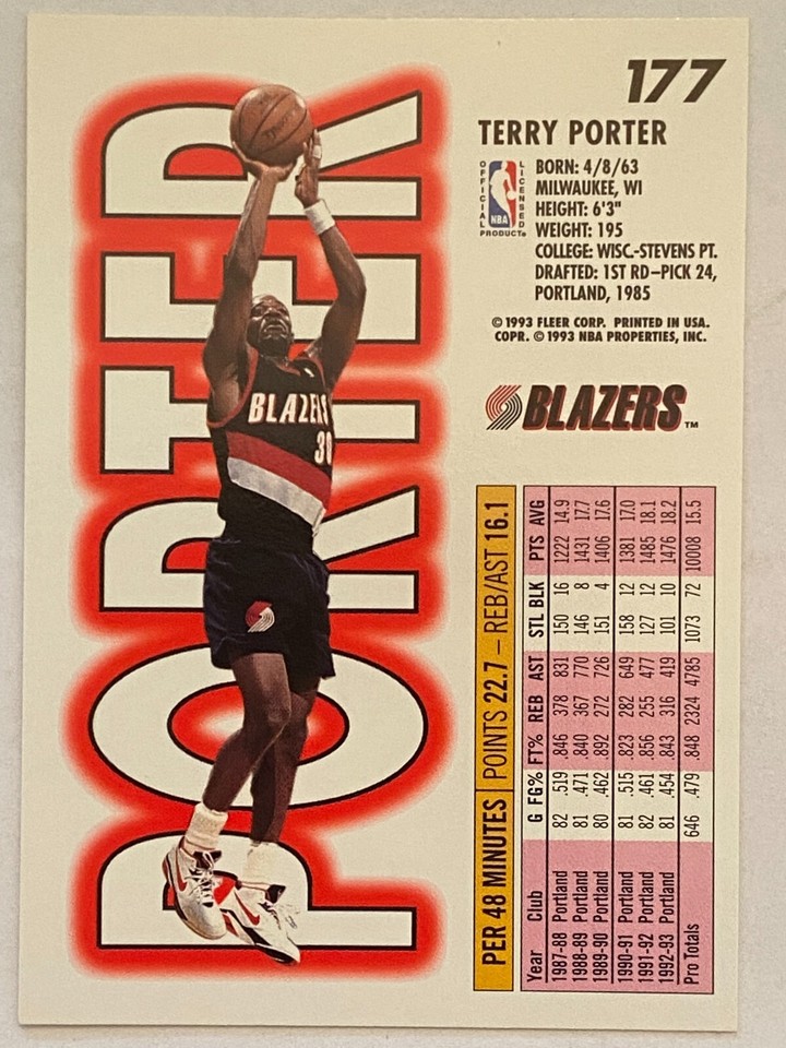 1993-94 Fleer #177 Terry Porter Portland Trail Blazers | eBay