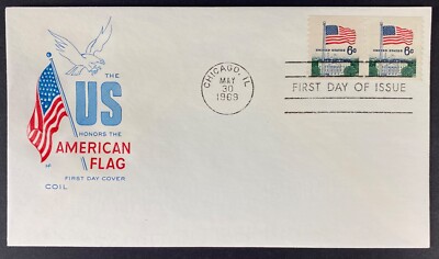 1969 American Flag Coil Pair FDC (Scott 1338A) - Chicago, IL - Farnam ...
