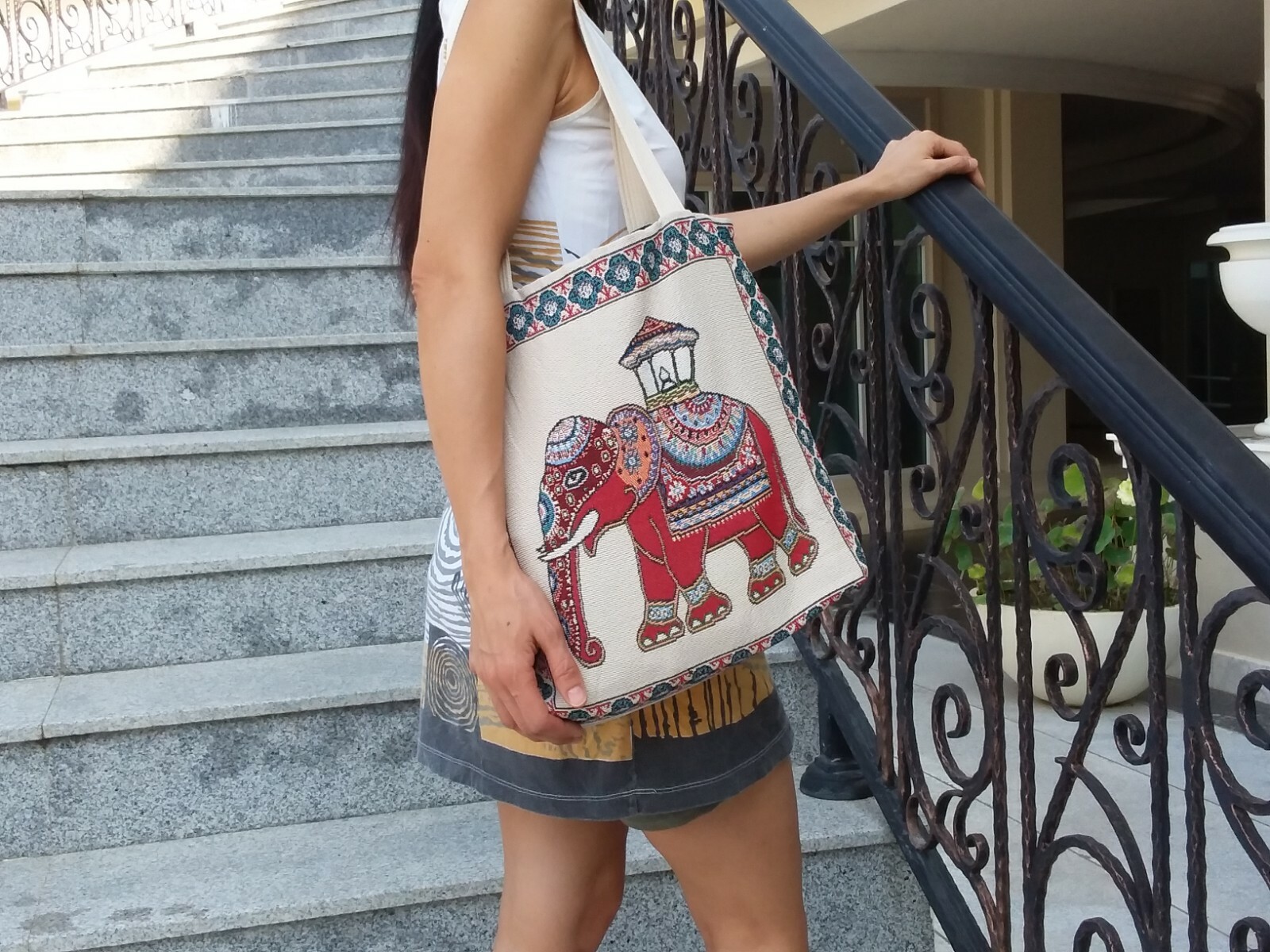 Elephant Tote Bag Woven Canvas Shoulder Shopping Purse with Zipper ...