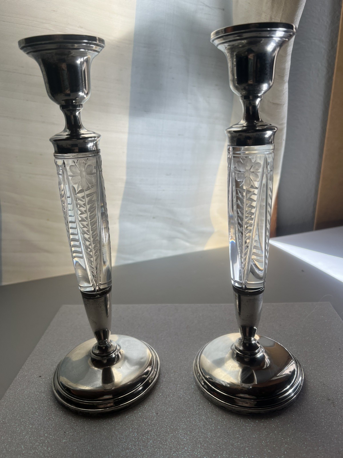 Antique Sterling Silver Hallmarked Cement Filled Candlesticks, Cut Glass