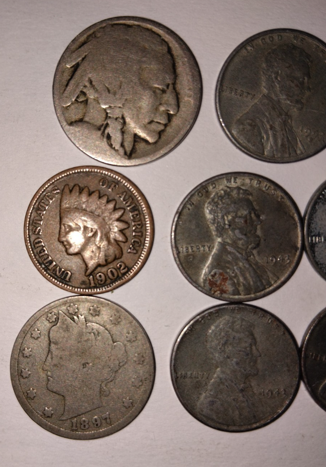 8 COIN LOT ~ Indian Head Penny ~ Buff Nickel ~ Lib V Nickel ~ Steel ...