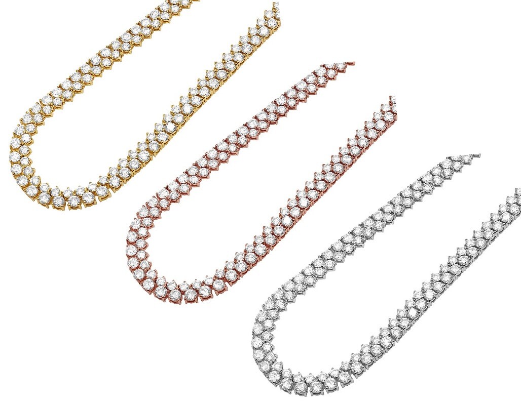 Two-Row 19 2/5 CT Real Diamond Tennis Chain Necklace 14K Gold 6MM 16 ...