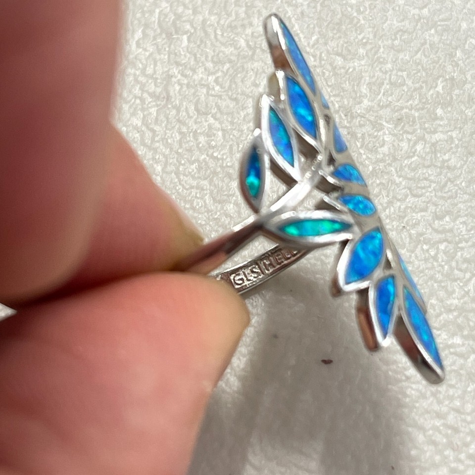 Sterling Silver Ring Leaves Blue Green Boulder Opal 925 Size 6.75 GLS ...