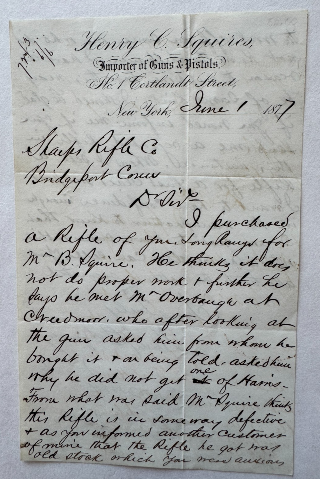 Vintage 1877 Letterhead New York Henry C Squires Guns & Pistols 1 ...