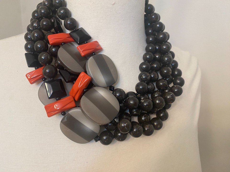 Angela Caputi Multi Strand Brown, Gray & Coral Acrylic Beads Necklace ...