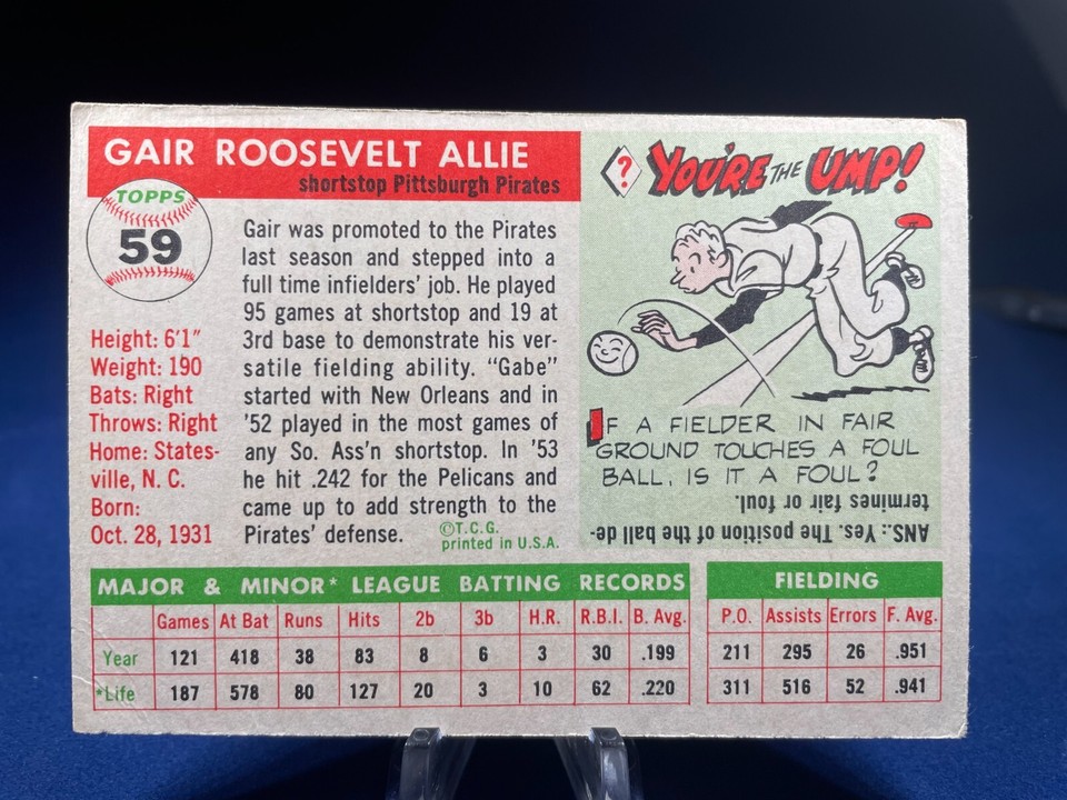 1955 Topps Baseball Card Gair Allie #59 Pittsburgh Pirates | eBay