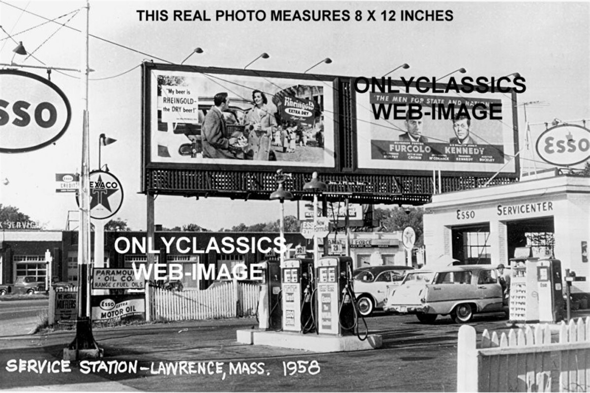 1958 TEXACO ESSO GAS STATION LAWRENCE MA JOHN F. KENNEDY BILLBOARD 8X12 ...