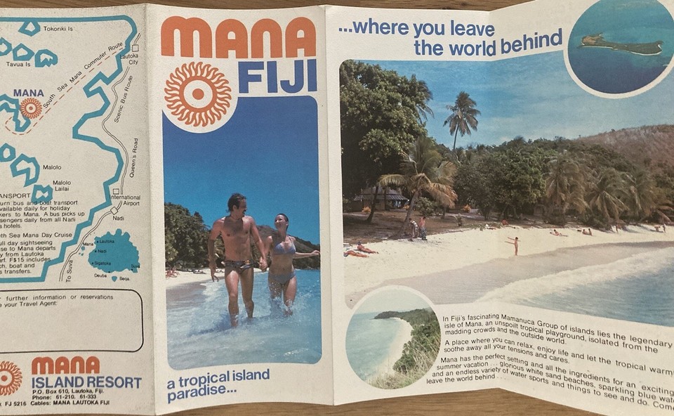 1970s MANA ISLAND RESORT HOTEL FIJI POLYNESIA BROCHURE FOLDER TRAVEL ...