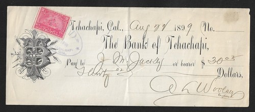 US CALIFORNIA TEHACHAPI BANK CHECK WITH 2c REVENUE STAMP COVER 1899 | eBay