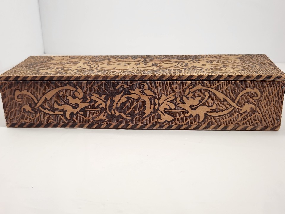 Antique wood leaf and scroll design pyrography tie box READ | eBay