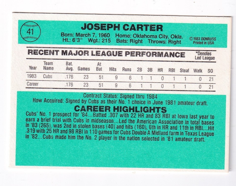 Joe Carter 1984 Donruss MLB Rookie Card #41 | eBay