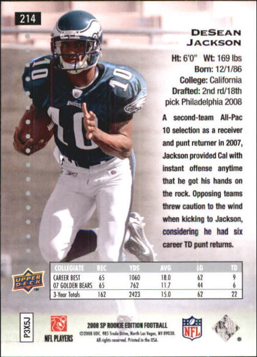 2008 SP Rookie Edition Football Card #214 DeSean Jackson 94 | eBay
