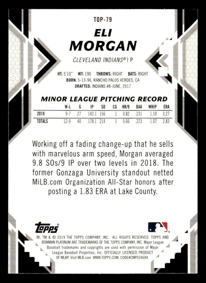 2019 Bowman Platinum #TOP-79 Eli Morgan Top Prospects Card Cleveland ...