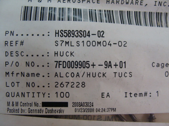 ALCOA Monel Flush Rivets Small Head HS5893S04-02, S7MLS 100M04-02 Bag ...
