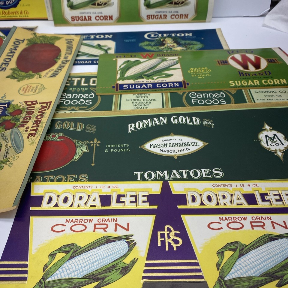 Lot 8 Antique Canned Food Can Labels Paper NOS Advertising Set Design ...