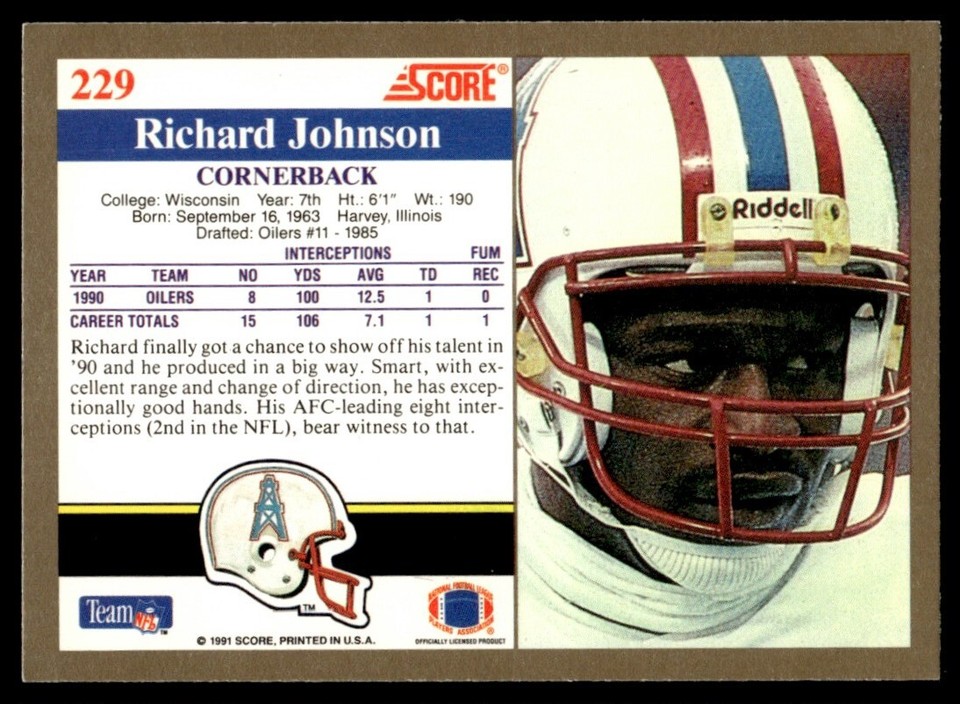 1991 Score #229 Richard Johnson Houston Oilers Rookie | eBay