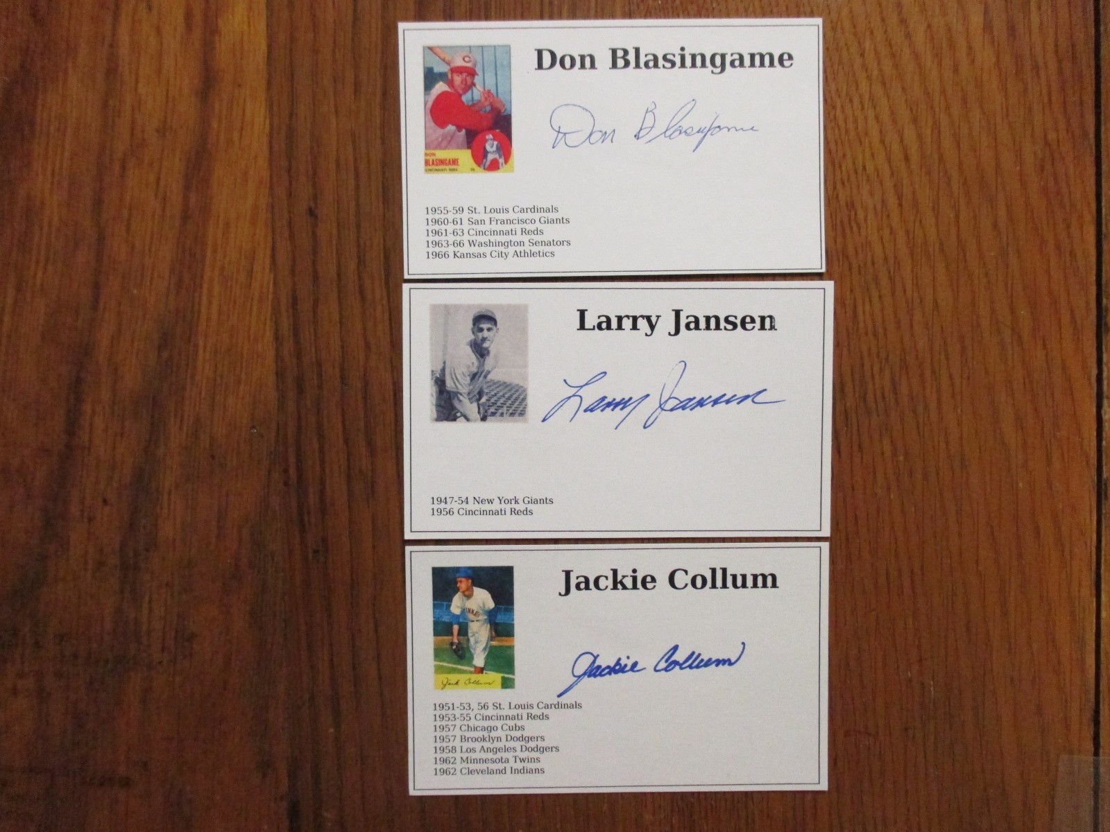 DON BLASINGAME/JACKIE COLLUM/LARRY JANSEN Reds Signed 3x5 Photo-cards ...