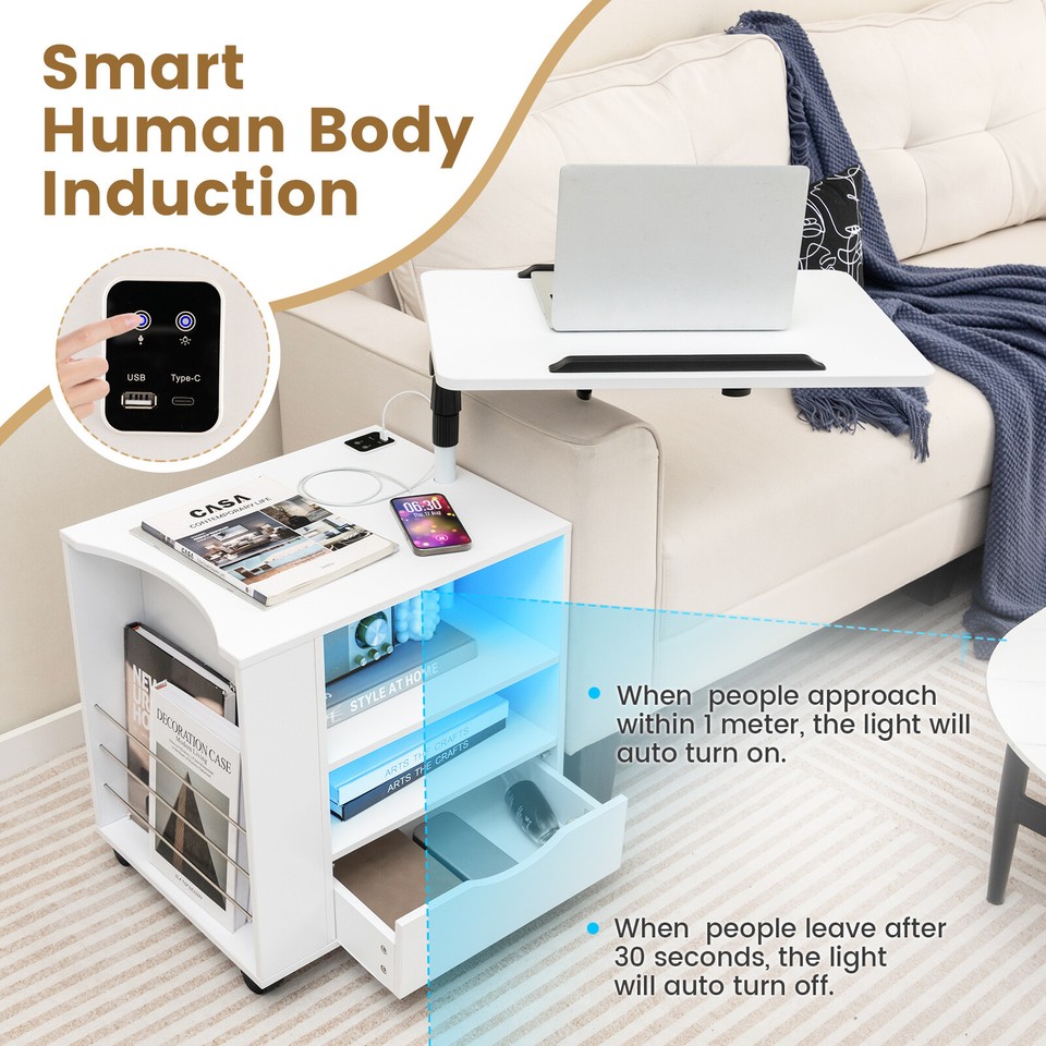 Nightstand Bedside Table Swivel Laptop Tray with Charging Station and ...