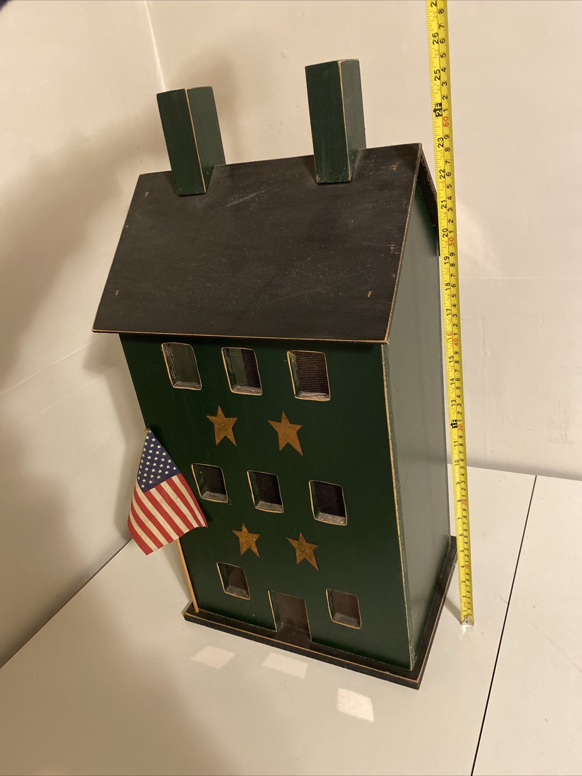 Tall Primitive Lighted Saltbox House Green Stars Americana Wooden ...