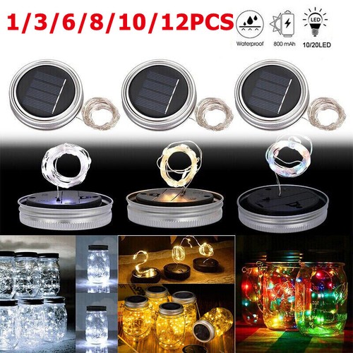 Solar Power Mason Jar Lid String Fairy Lights LED Garden Outdoor Patio ...