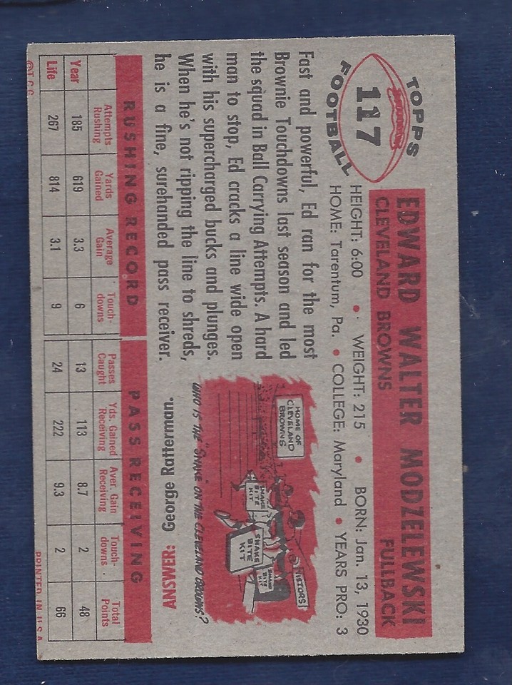 PACK FRESH SHARP 1956 TOPPS FOOTBALL #117 ED MODZELEWSKI .99 SH M463 | eBay