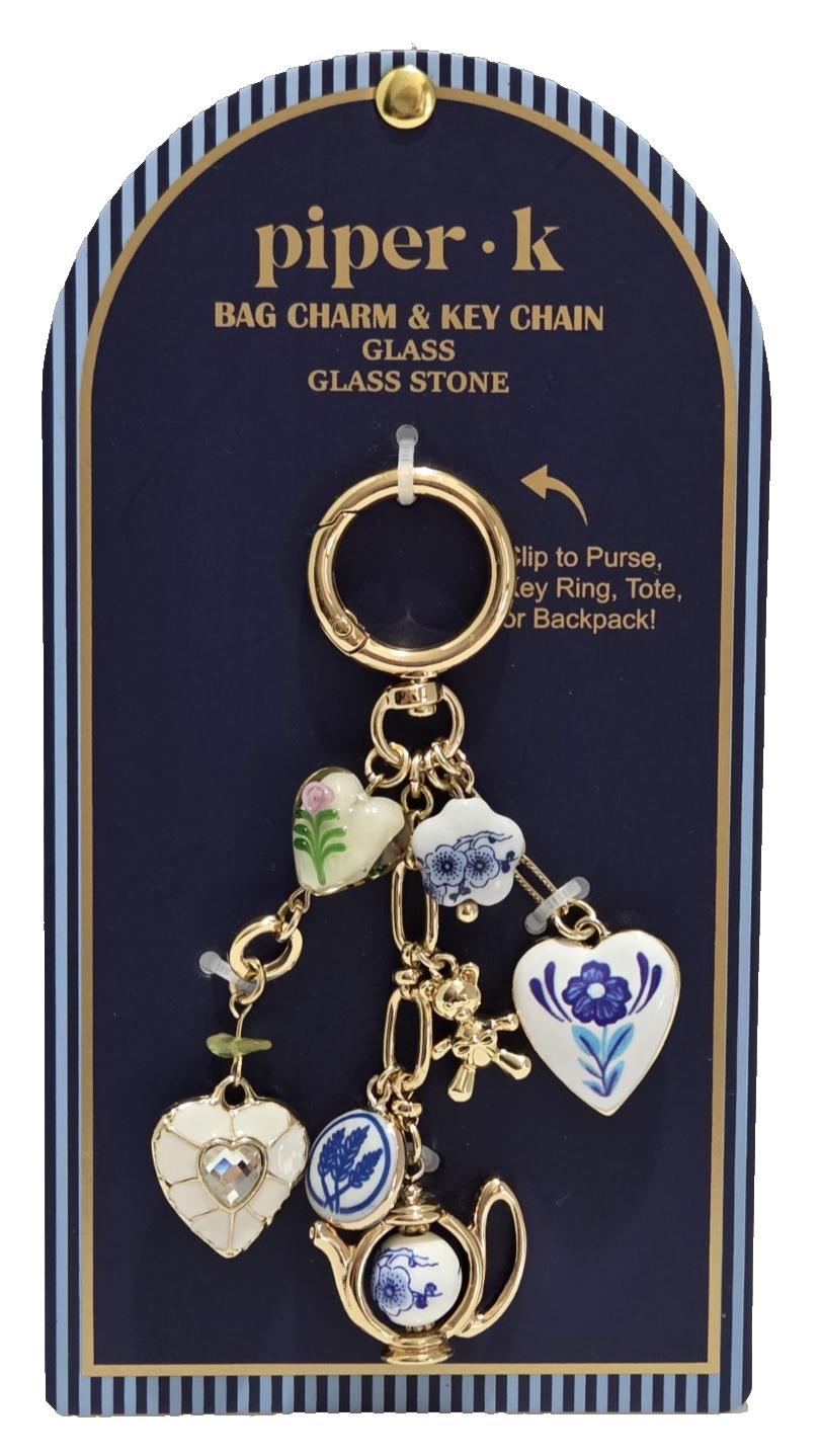 Piper K Blue & White Floral Teapot Hearts Bag Charm Keychain Great Gift ...