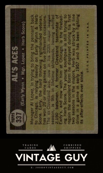 1961 Topps #337 Al's Aces (Al Lopez / Herb Score / Early Wynn) | eBay