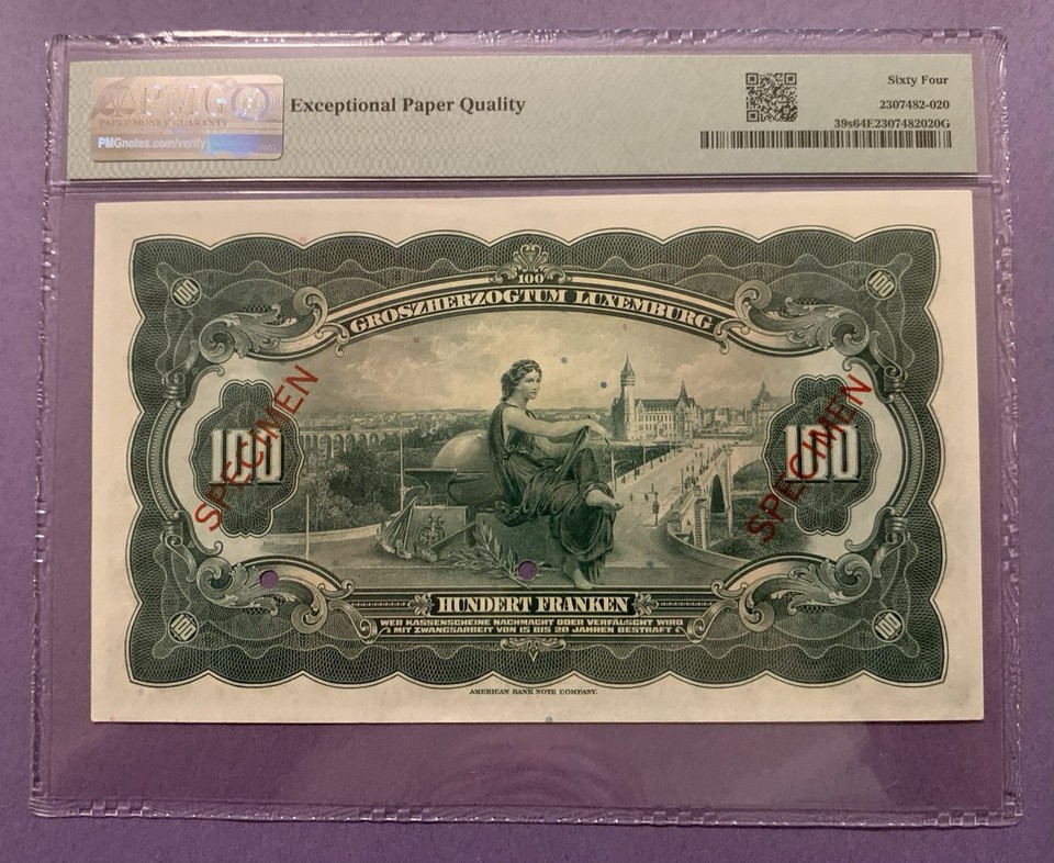 Luxembourg ND (1934) 100 Francs Specimen Note Pick#39s PMG-64 EPQ | eBay