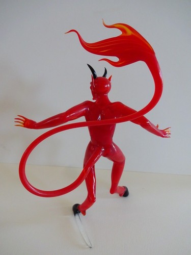 Glass Art work/sculpture of RED DEVIL, by John Zinner - standing w arms ...