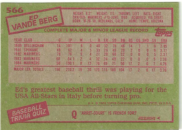 ED VANDE BERG SEATTLE MARINERS #566 - TOPPS NM-MT 1985 | eBay