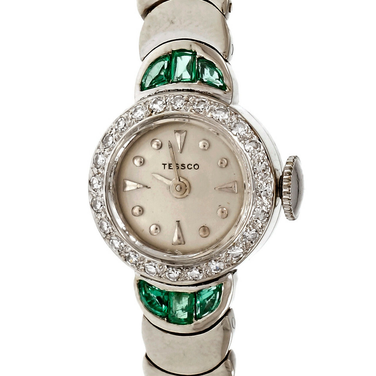 Mid Century Tessco Emerald Diamond White Gold Manual Wind Wrist Watch ...