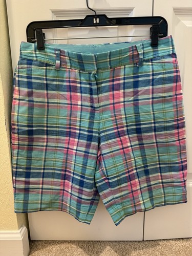 Ladies TALBOTS Turquoise Green Pink Plaid Cotton Linen Bermuda Shorts ...