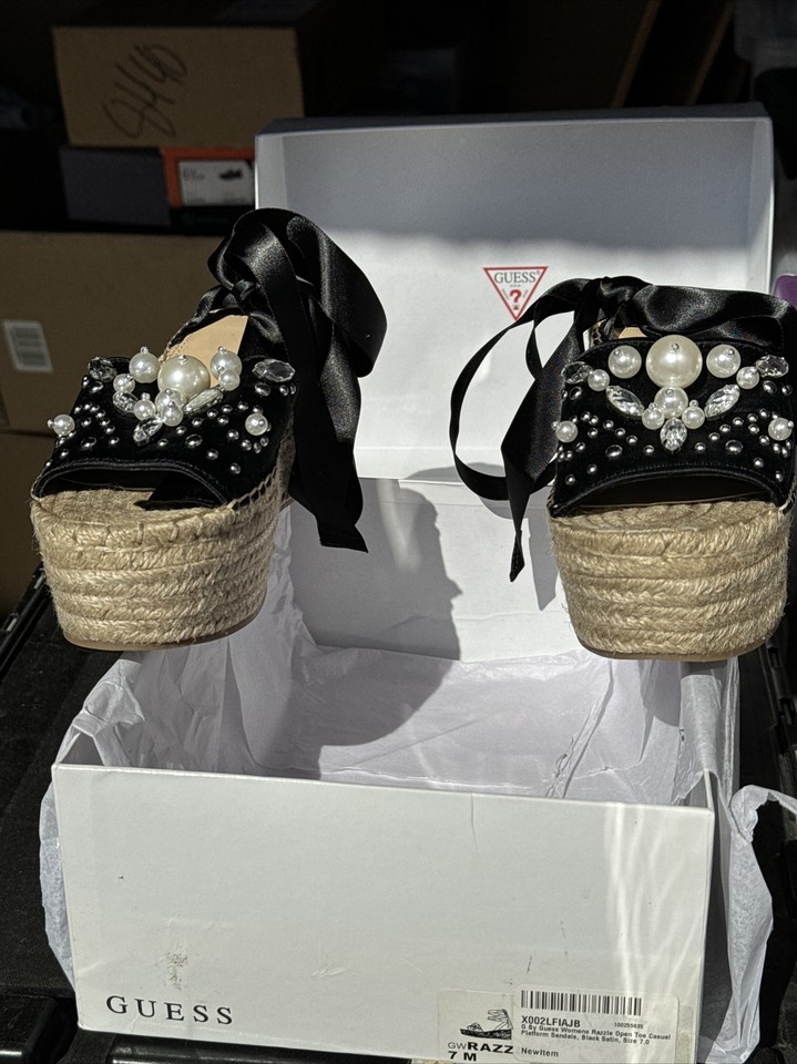 G by Guess Womens Razzle Open Toe Casual Platform Sandals, Black Satin ...