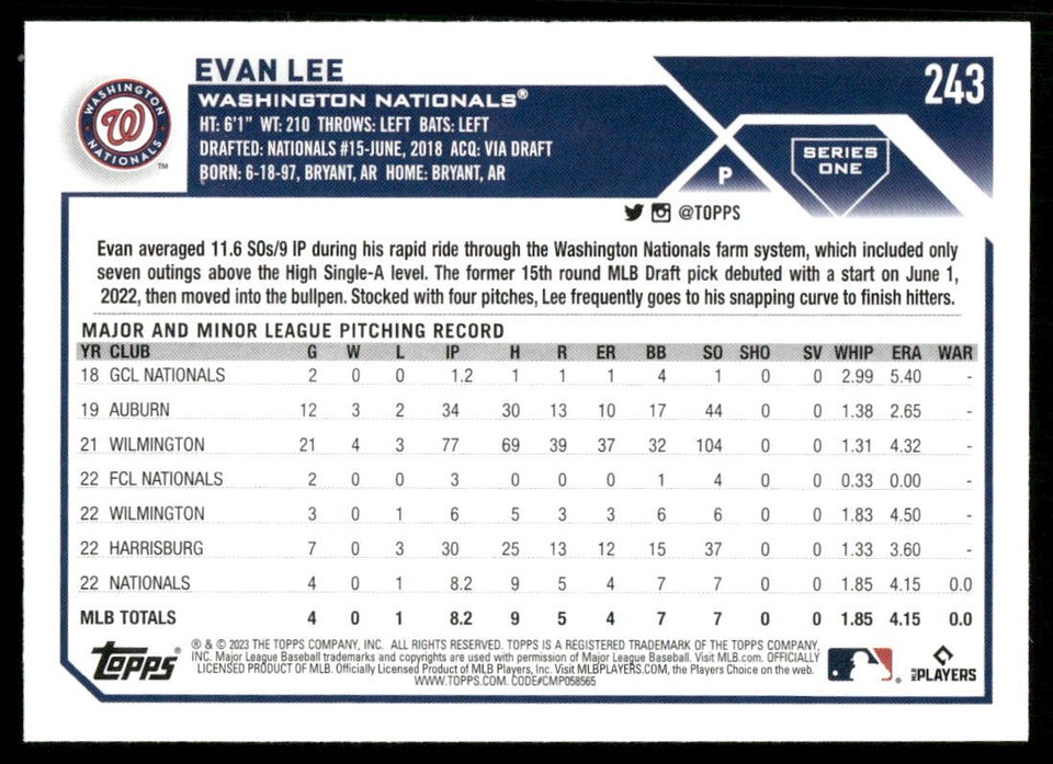 2023 Topps Evan Lee #243 Rookie Washington Nationals Baseball Card | eBay