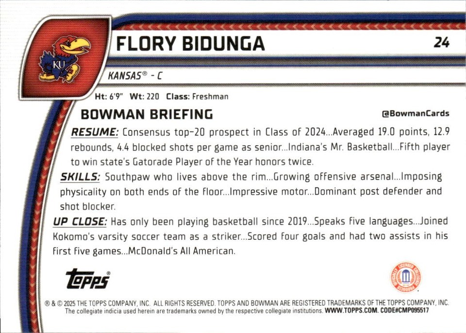 2024-25 Bowman University Chrome #24 Flory Bidunga Green Refractor #/99 ...