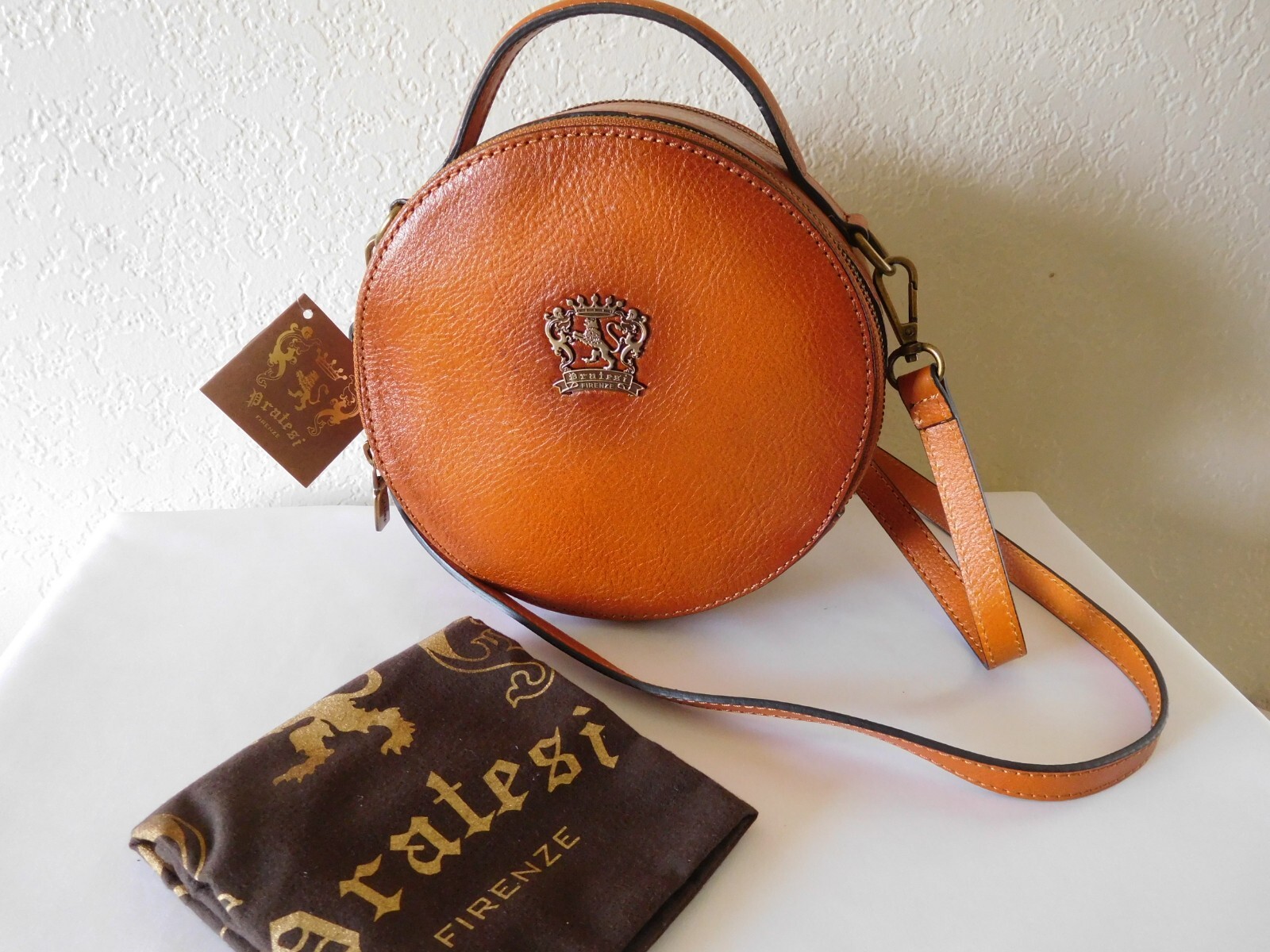 PRATESI Firenze Italy Leather Brown Round Crossbody Purse Troghi Tote ...