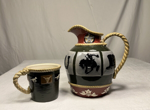 Sonoma Life & Style Happy Trails 9" Western Cowboy Pitcher/Jug w Mug | eBay